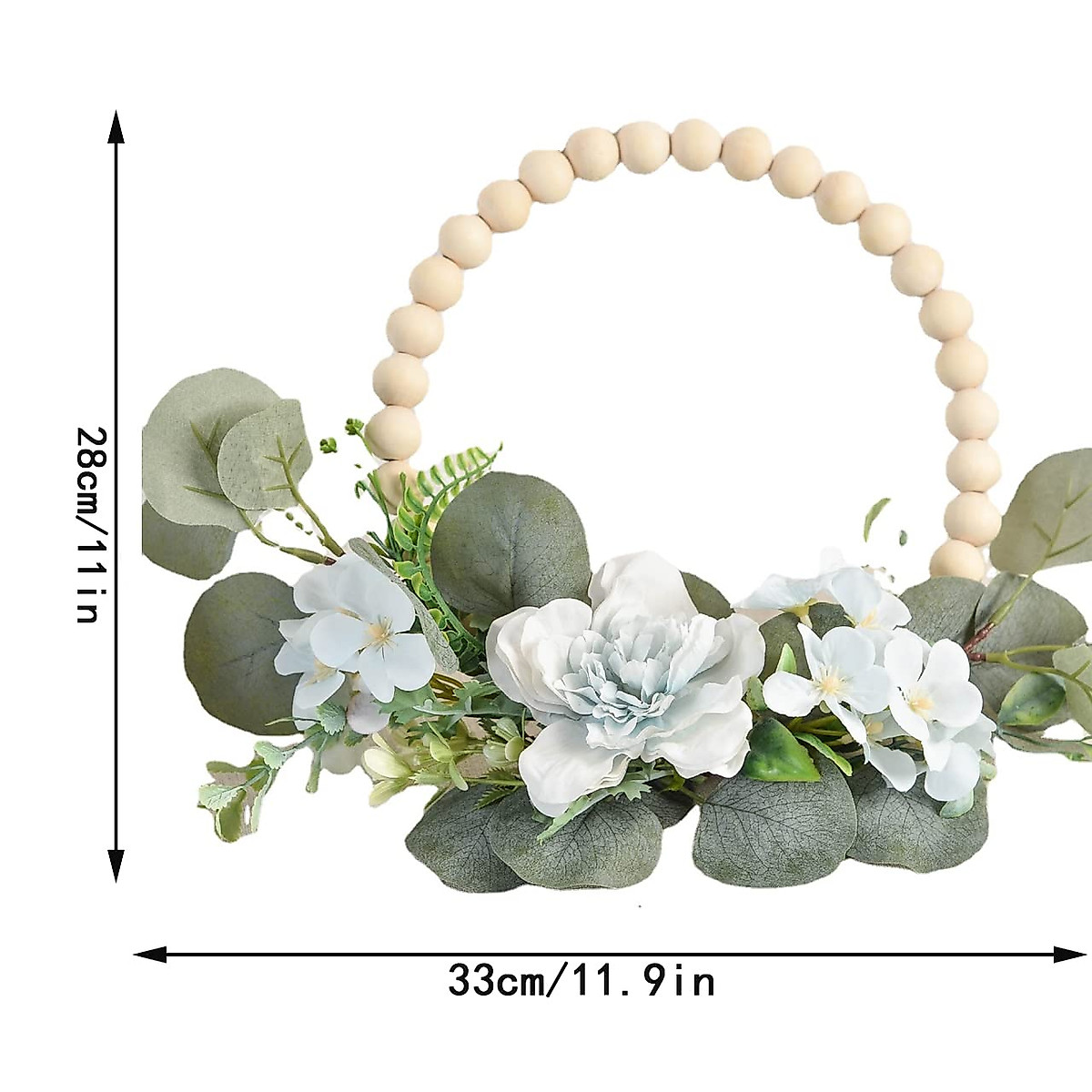 Artificial Flower Wreath,Wood Beads Camellia Wreath, Indoor/Outdoor Farmhouse Wreaths for Front Door Decor
