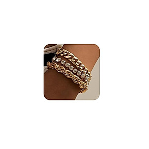 Octwine Fashion Rhinestones Bracelets Sets for Women Gold Silver Layered Chunky Pendant Charms Chain Stackable Wrap Bangle Adjustable Bracelet Jewelry Accessories for Women