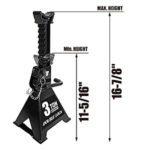 Torin AT43005AB Steel Heavy Duty Jack Stands: Double Locking Pins, 3 Ton (6,000 lb) Capacity, Black, 1 Pair (2 Pack)