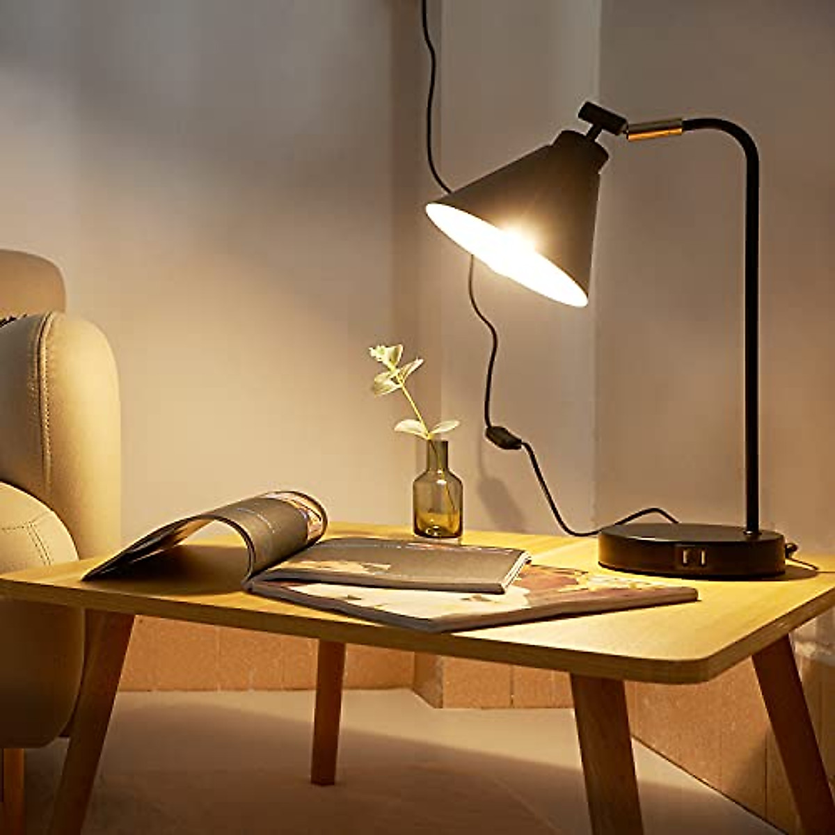 Industrial Black Bedroom Table Lamp, Dimmable Touch Control Bedside Lamp with 2 USB Charging Ports and AC Outlet, Nightstand Reading Lamp with Metal Flexible Head for Living Room Office, Bulb Included