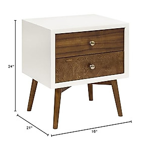 Babyletto Palma 2-Drawer Nightstand with USB Charging Port, Mid-Century, Warm White/Walnut