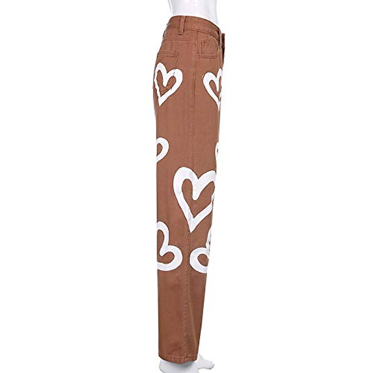 N/ D Women's Patchwork Pants Hight Waist Distressed Straight Wide Leg Denim Jeans Fashion Pencil Trousers (Brown Heart, S)