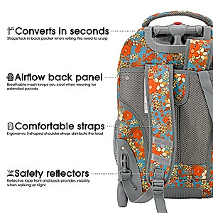 J World New York Sundance Rolling Backpack Girl Boy Roller Bookbag, Retro Bloom, 20 Inch
