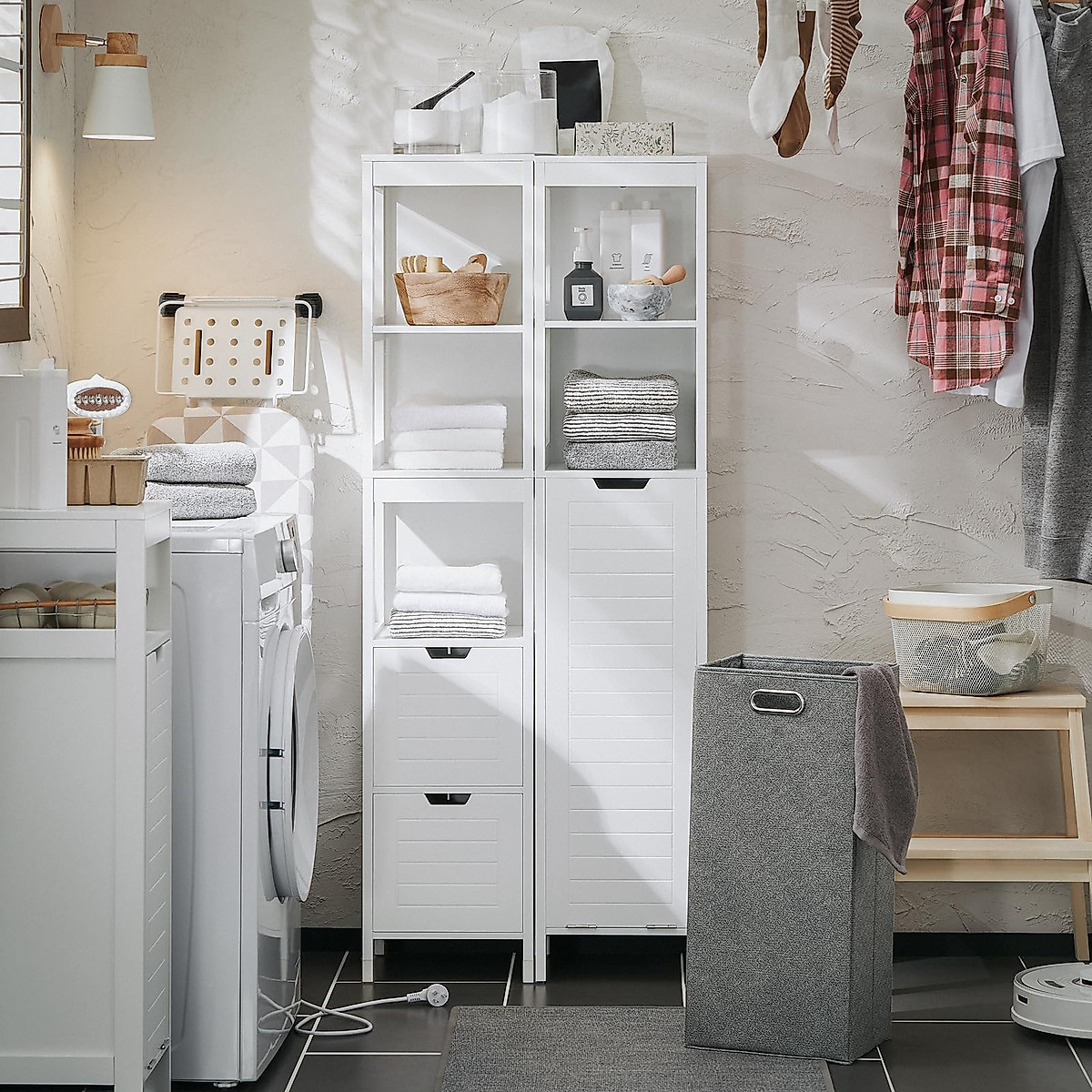 SoBuy Slim Tall Bathroom Cabinet with Removable Laundry Hamper, Laundry Cupboard Bathroom Storage Cabinet, Laundry Cabinet with Shelf, White BZR123-W