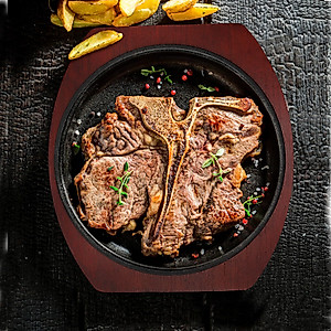 VIKKSAER 10.2" Cast Iron Steak Plate, Sizzling Plate with Wooden Base & Hot Plate Gripper, Steak Pan Grill Fajita Server Plate for Restaurant Home Kitchen Cooking Accessory