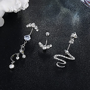THUNARAZ 14G Clicker Belly Button Rings Surgical Steel Sparkled CZ Opal Belly Button Piercing Dangling Snake Evil Eye Butterfly Belly Ring for Women Sexy Reverse Navel Belly Piercing Jewelry