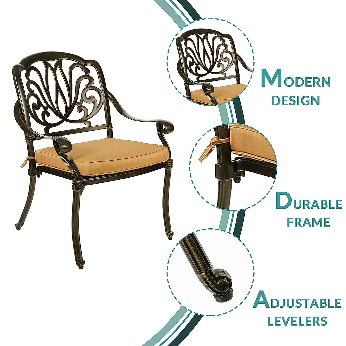 MEETWARM 2 Piece Patio Dining Chairs with Cushions, Outdoor All-Weather Cast Aluminum Chairs, Patio Bistro Dining Chair Set of 2 for Garden Deck Backyard, Dark Bronze