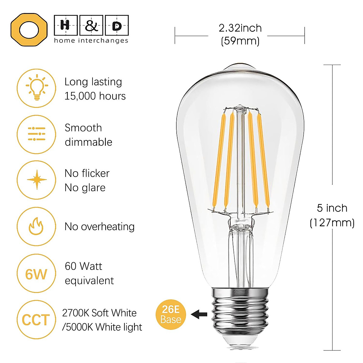 LED Light Bulbs Edison dimmable Bulbs Warm White 2700K Light Bulbs,E26 Base Energy Saving Equivalent 60W Incandescent watt,Antique Glass Style for Home, Bedroom. (2700k Warm White, 4-Pack)