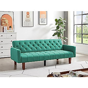 Green, Linen, Convertible Double Folding Living Room Sofa Bed (Eucalyptus Wood Frame)