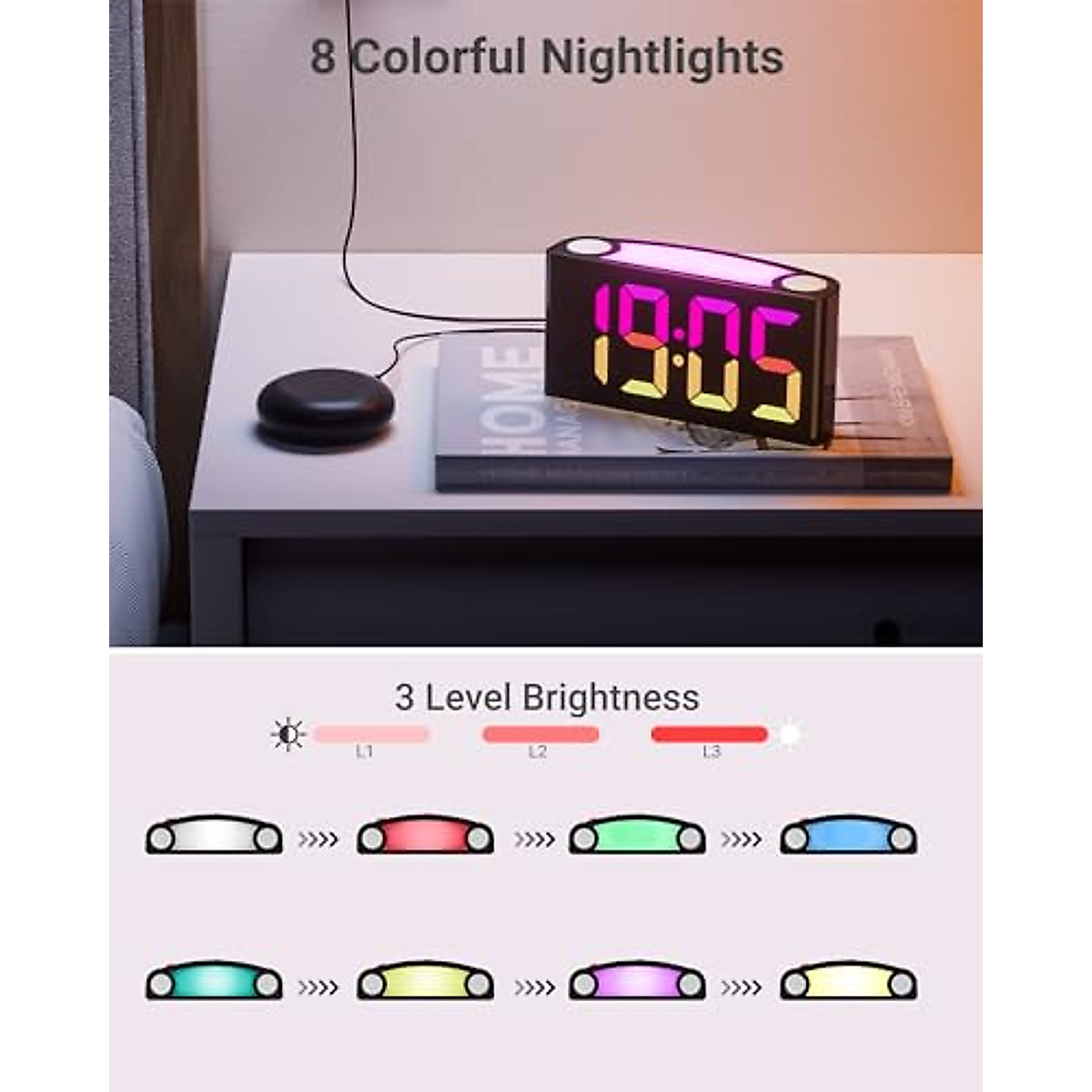 Vibrating Alarm Clock with Bed Shaker : 10 Dynamic Display RGB Clock, 8 Night Light, Brightness Dimmable Loud Alarm Clock for Heavy Sleepers Adults/Kids/Teens