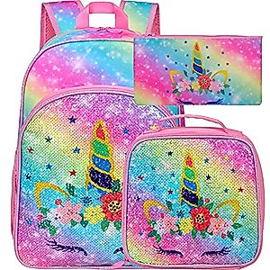WZLVO 3PCS Unicorn Backpack for Girls, 16” Kids Sequin Bookbag, Elementary Preschool School Back Packs and Lunch Box