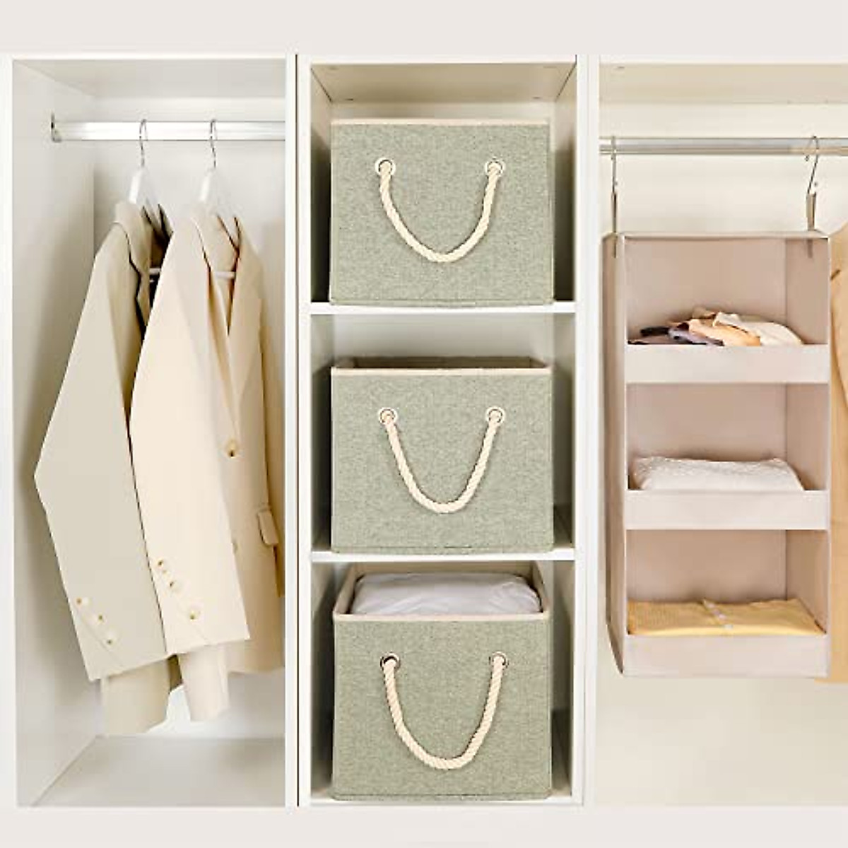 TOPIA HOME Closet Organizers and Storage Bins for Shelves, 3-Pack Foldable Storage Baskets for Organizing with Rope Handles, Collapsible Fabric Cube Organization Boxes, Large, Green, TP02E