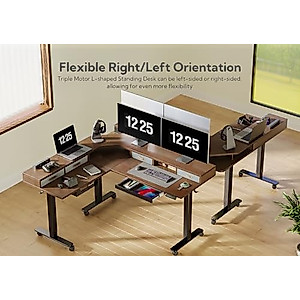 INNOVAR Triple Motor L Shaped Standing Desk with Drawers, Solid Wood Adjustable Corner Stand Up Desk, 63" Electric Standing Desk for Home Office, Black Frame/Brown Top
