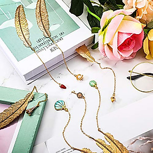 8 Pieces Metal Feather Pendant Bookmarks 3D Gold Vintage Bookmark Shell Tower Strawberry Snowflake Pendant Bookmarks Presents for Teens Adults Friends Readers Students