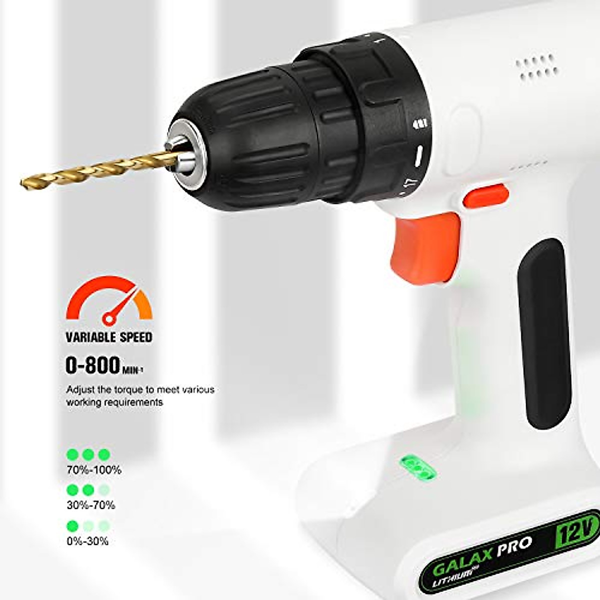 GALAX PRO 12V Light Weight Cordless Drill Driver with Work Light, Max Torque 18N.m, 3/8 Inch Keyless Chuck, 17+1 Position, Single Speed 0-800RPM, Streamlined Design