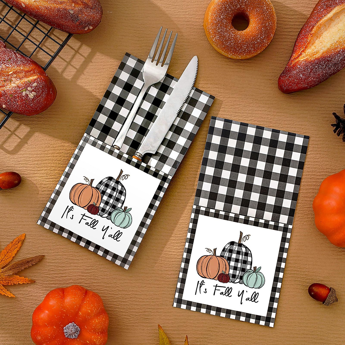 Whaline 36Pcs Fall Thanksgiving Utensil Cutlery Holders Buffalo Plaids Pumpkin Knife Forks Silverware Paper Pouch Bags Autumn Harvest Cutlery Wraps Tableware Holder for Dinner Table Setting Decor