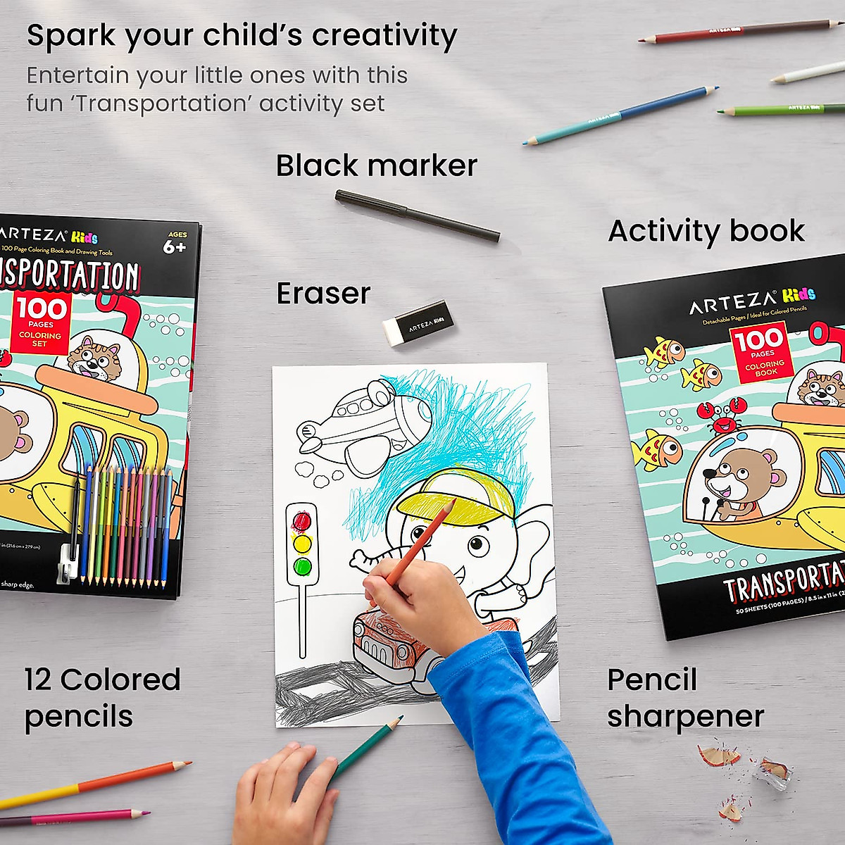 ARTEZA Kids Coloring Book and Colored Pencils Set, Transportation Illustrations, 50 Double-Sided Sheets, 100lb Paper