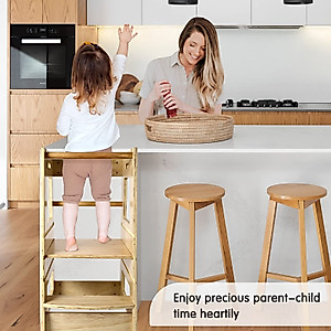 ECOMEX Toddler Standing Tower Kitchen Step Stool for Kid's Adjustable Height Learning Stool, Toddler Kitchen Stool Helper Removable Anti-Drop Safety Rail Stool for Bedroom, Bathroom, Natural