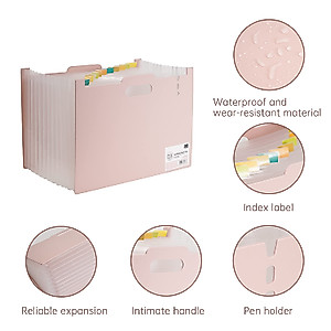RANLOVE 13-Compartment Expanding File A4 Expandable File Document Folder Expanding Folder Sorting Folder Size Large Capacity Waterproof (Pink in Horizontal Style)