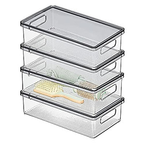 mDesign Small Plastic Stackable Bathroom Cabinet Storage Bin Box with Handles/Lid, Drawer Stacking Organizer for Soap, Lotion, Towels, and Accessories, Ligne Collection, 4 Pack, Clear/Smoke Gray, 15 x 8.5 x 4.2