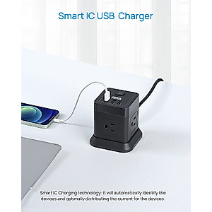 Power Strip with USB, FDTEK Flat Plug Extension Cord with 4 AC and 3 USB, 5 FT Power Cord Desktop Charging Station, Overload Protection, Compact Portable for Travel Home Office Cruise Ship - Black