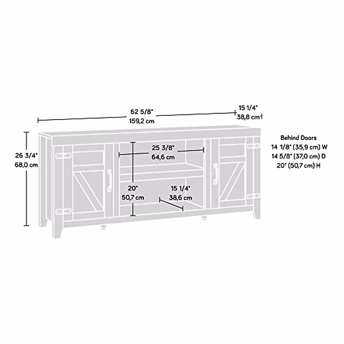 Sauder Misc Entertainment Farmhouse Credenza, for TVs up to 70", Chalked Chestnut Finish