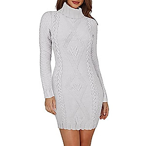 LaSuiveur Women's Slim Fit Cable Knit Long Sleeve Sweater Dress (S, Turtleneck Light Grey)
