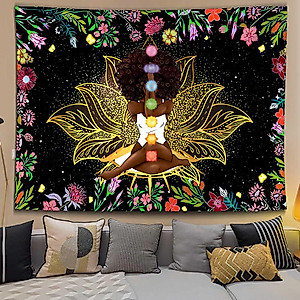 Ine Ive African Chakra Tapestry African American Woman Zen Meditation Tapestry 80x60 Inch Starry Sky Flower Garden Tapestry Inspirational Afro Yoga Wall Art Tapestry for Bedroom Dorm Decor GTDWIE0157