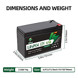 HiXiMi Lithium Battery 12V 6Ah LiFePO4 Lithium Iron Phosphate Rechargeable Battery with 10A BMS for Small UPS Fish Finder Kids Scooter LED Light Alarm System Security Camera Camping