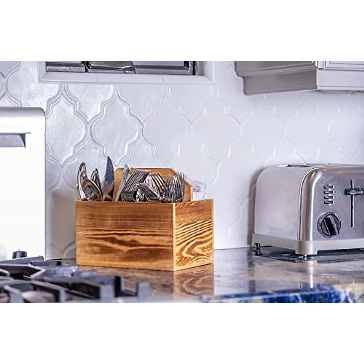 Utensil and Napkin Holder Flatware Caddy with Handle in Rustic Wood for Forks, Spoons and Knives, Silverware Organizer
