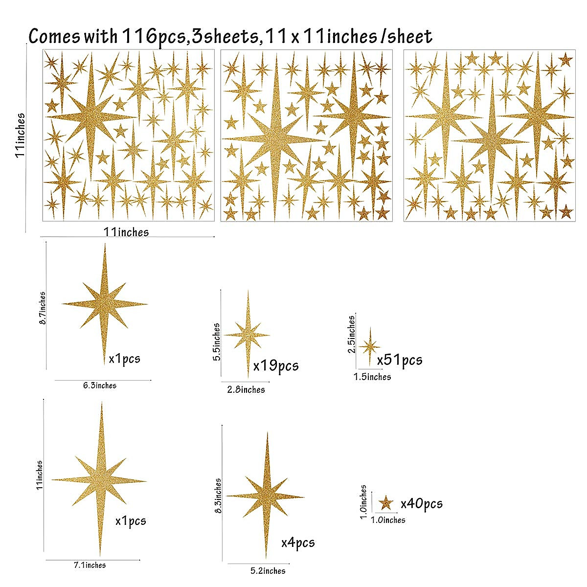 Star Wall Stickers Girls Room Wall Decals (116pcs) Sparkle Wall Sticker Stick and Peel Stars Stickers-6 Sizes