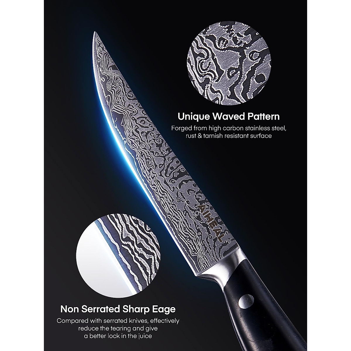 Aiheal Steak Knives Set of 8 with Beech Knife Block, 4.5 Inch Steak Knives with Unique Damascus Pattern, Non Serrated Stainless Steel Steak Knife Set, Full Tang Handle Design for Kitchen Dinner