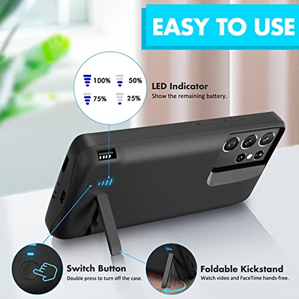 SlaBao S21 Ultra Battery Case, Kickstand & Dual Device Charging & Priority Charging Case, 5000mAh Rechargeable Extended Charger Case for Samsung Galaxy S21 Ultra 5g(6.8") - Black