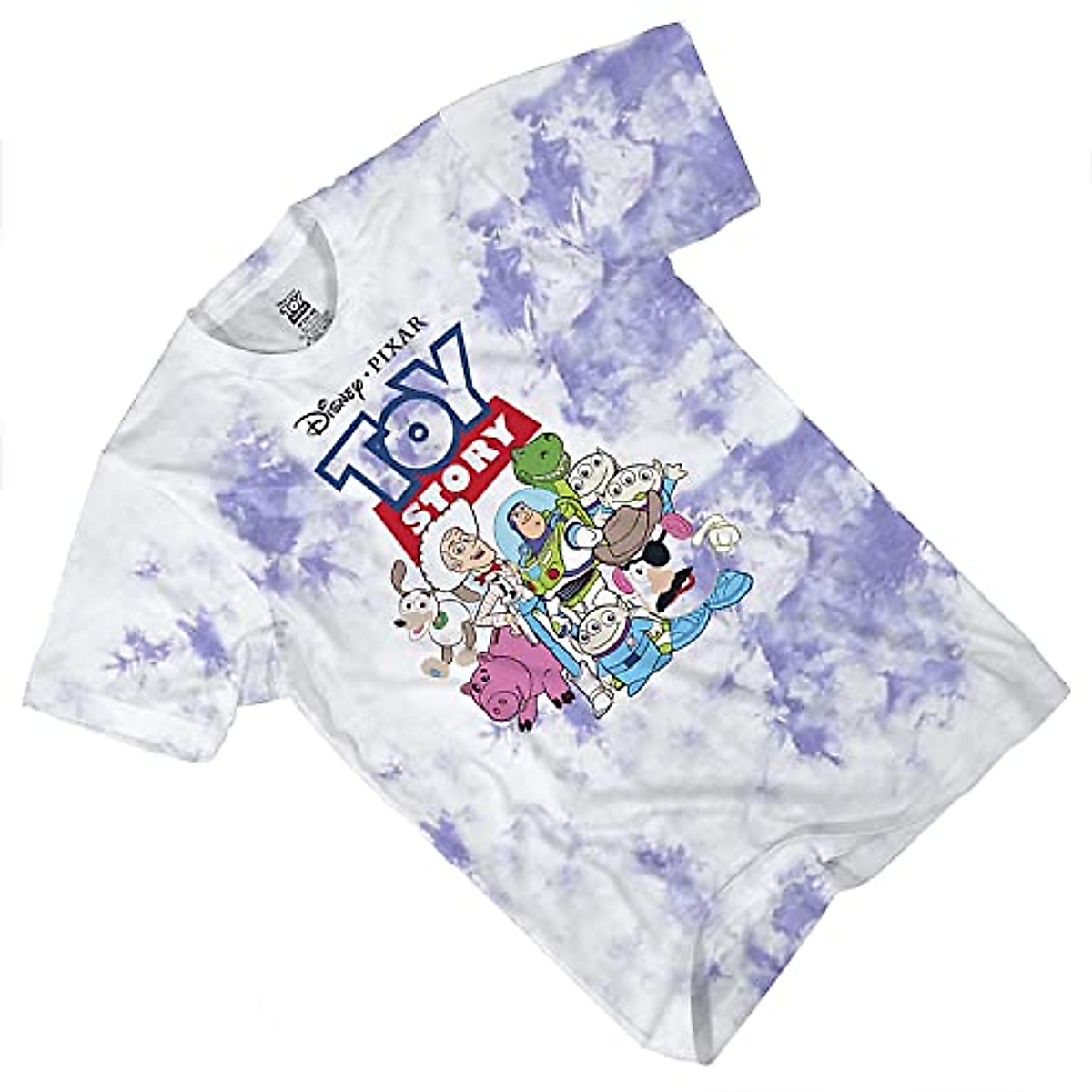 Mens Toy Story Group Shirt - Woody, Buzz Lightyear, Rex & Pizza Planet - Throwback Classic Tie Dye T-Shirt (Lavender Wash, X-Large)