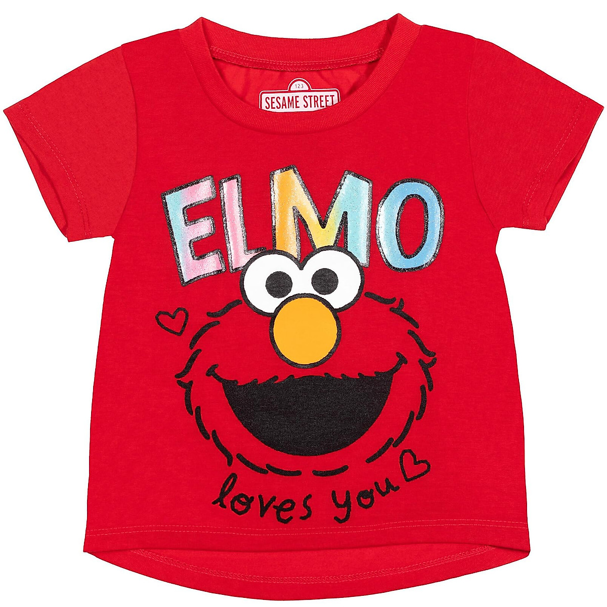 Sesame Street Elmo Toddler Girls Graphic T-Shirt Mesh Skirt and Scrunchie 3 Piece Outfit Set Red/Rainbow 4T