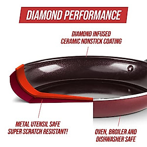 Blue Diamond Cookware Diamond Infused Ceramic Nonstick, 12" Frying Pan Skillet, PFAS-Free, Dishwasher Safe, Oven Safe, Red