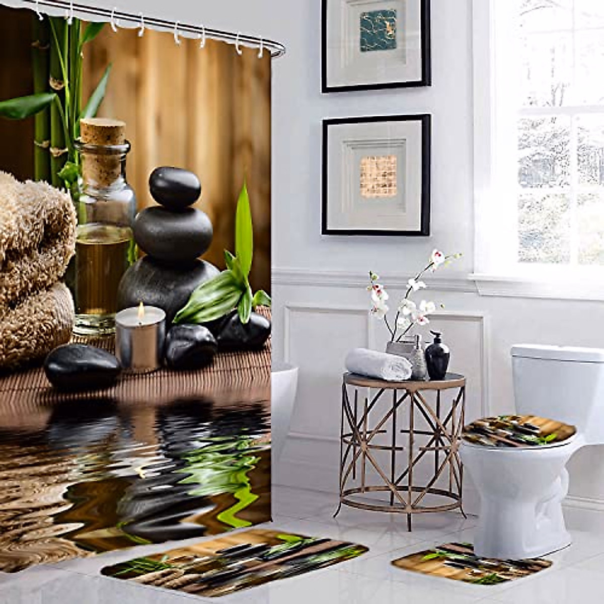 BUSOIYOU 4 Pcs Zen Stone Shower Curtain Sets with Rugs , Meditation Design Waterproof Fabric Bathroom Shower Curtain，with Non-Slip Rugs Toilet Lid Cover and Bath Mat Bathroom Set 72" x 72"