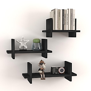 CRUGLA Black Floating Shelves Wall Mounted Set of 3, Hanging Storage Floating Book Shelf for Kitchen, Bedroom, Living Room, Study Room, Bathroom