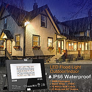 LED Flood Lights RGB Color Changing 300W Equivalent Outdoor, 30W Bluetooth Smart Floodlights APP Control, IP66 Waterproof, Timing, 2700K&16 Million Colors 23 Modes for Landscape Stage Lighting 2 Pack