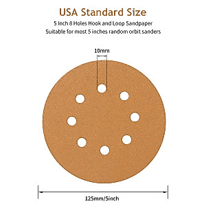 SUPBICCO 50 PCS 5 Inch 8 Hole Sanding Discs Hook and Loop, 60 80 120 220 320 Assorted Grits Sand Paper Disc for Random Orbital Sander, Gold Sandpaper Pads for Automotive and Woodworking