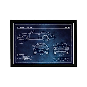 Wynwood Studio Sports Cars and Automobiles Man Cave Framed Wall Art Painting Photography Print 'Porsche 911 1990 Horizontal Chalkboard' Home Décor for Men in Blue and White, 19x13