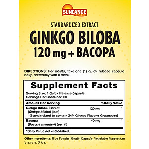Sundance Ginkgo Biloba Capsules | 120mg | Standardized Extract with Bacopa | Gluten Free Traditional Herb Supplement