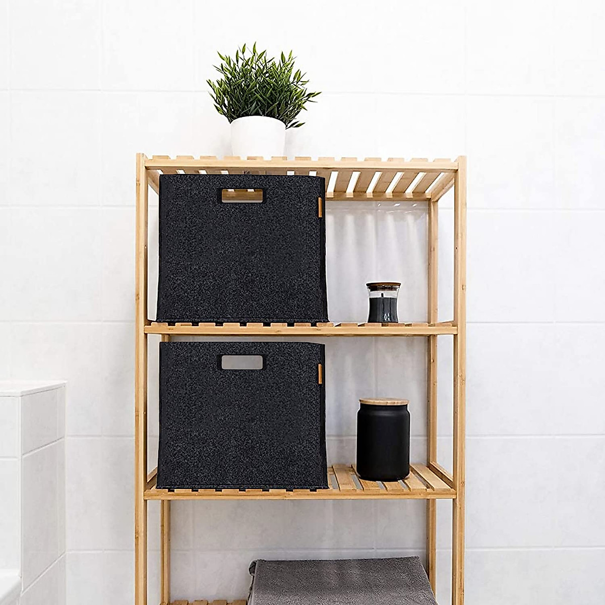 Storage Baskets for Shelves | Felt and Leather | Set of 4 Cubes | 12x12x12 in Closet Bins for Shelves, Baskets for Closet Organization Kallax Cubes Toy Storage (Light Grey or Dark Grey)