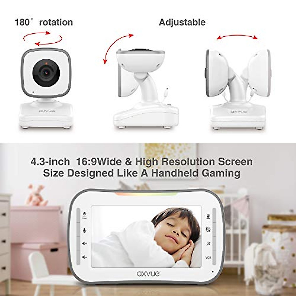 Axvue Video Baby Monitor, Comfortable Slim Design Handheld Enclosure, 4.3" Screen Monitor & 2 Camera, Range up to 1000ft, 12 Hour Battery Life, 2-Way Talk, Night Vision, Temperature Monitor, No WiFi