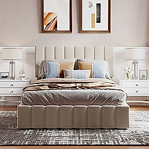 Upholstered Platform Bed with Gas Lift up Storage, Full Size Bed Frame with Storage Underneath and Tufted Headboard, Wooden Platform Bed with Hydraulic Storage System (New, Beige )