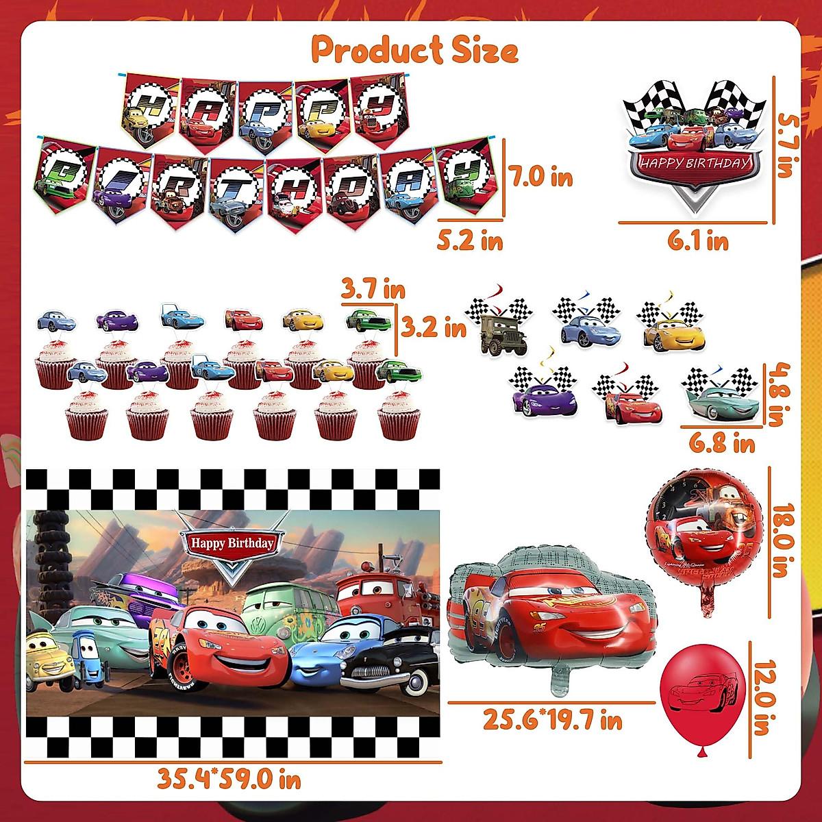 Cars Birthday Party Supplies, Lightning McQueen Birthday Party Supplies Include Banner, Foil Balloons, Backdrop, Cupcake Toppers for Lightning McQueen Cars Birthday Party Favor