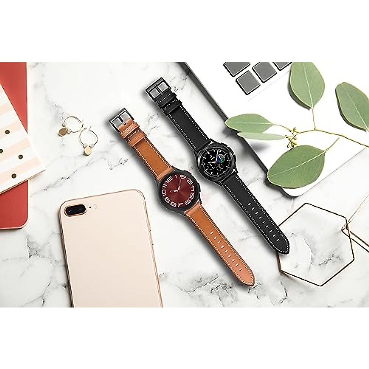 Olytop Galaxy Watch 5 Pro Bands 45mm, Galaxy Watch 6/4 Classic Band 47mm 46mm 43mm 42mm, Samsung Galaxy Watch 6/5/4/Acitve 2 Bands 44mm 40mm, 20mm Leather Wristband Replacement Strap Men, Black+Brown