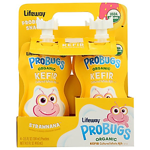 Lifeway Strawnana Organic Probugs Whole Milk Kefir, 3.5 Fluid Ounce - 4 count per pack - 6 packs per case.
