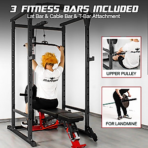 Mappding 1500 LBS Power Cage, Squat Rack for Home Gym with LAT Pullup System with 3 Grip Variation, T Bar, Leg Hold-Down Attachment, Weight Cage with More Training Attachment for Garage Workout, Black