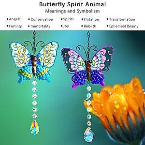 Set 2 Metal Butterfly Suncatchers for Windows - 14" Outdoor Fence Wall Art Decor, Rainbow Prisms Sun Catchers with Crystals Hanging for Home Garden Ornament
